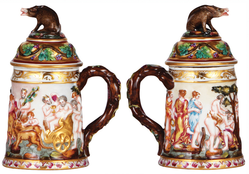 Two porcelain steins, .5L, 8.4 ht., hand-painted relief, Capo-di-Monte ...